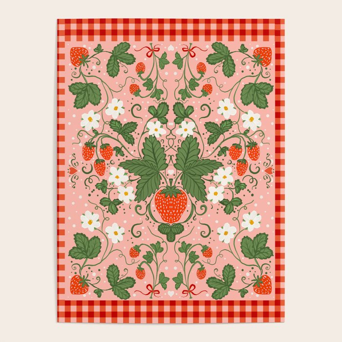 Strawberry Picnic Pattern with Gingham Border Poster – Society6