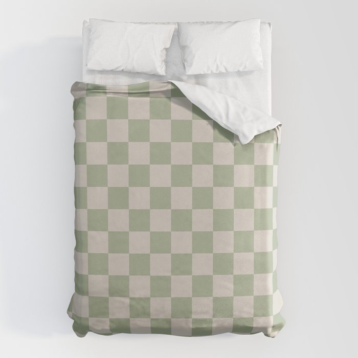 Checkerboard Check Checkered Pattern in Sage Green and Beige Duvet Cov ...