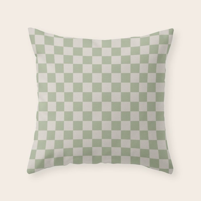 Checkerboard Check Checkered Pattern in Sage Green and Beige Throw Pil ...