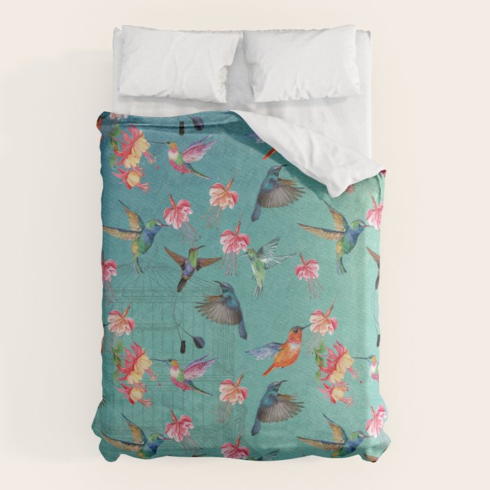 Vintage Watercolor hummingbirds and fuchsia flowers Duvet Cover – Society6