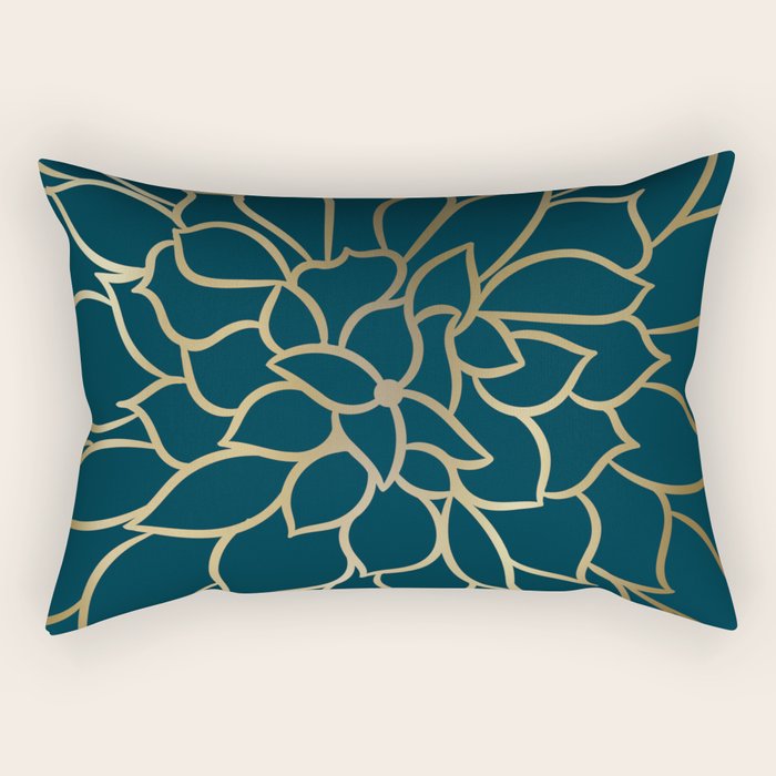 Festive, Floral Prints, Line Art, Dark Teal and Gold Rectangular Pillo ...