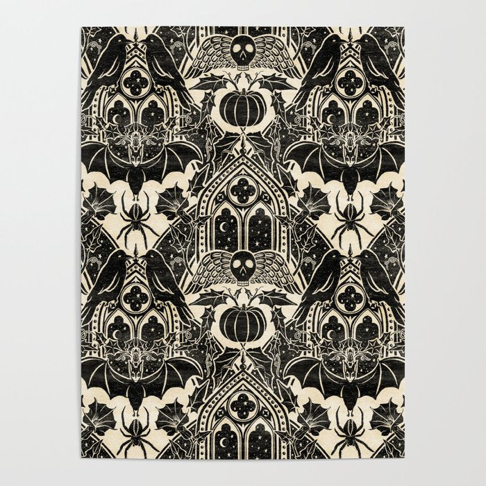 Gothic Halloween Damask - black and cream Poster – Society6