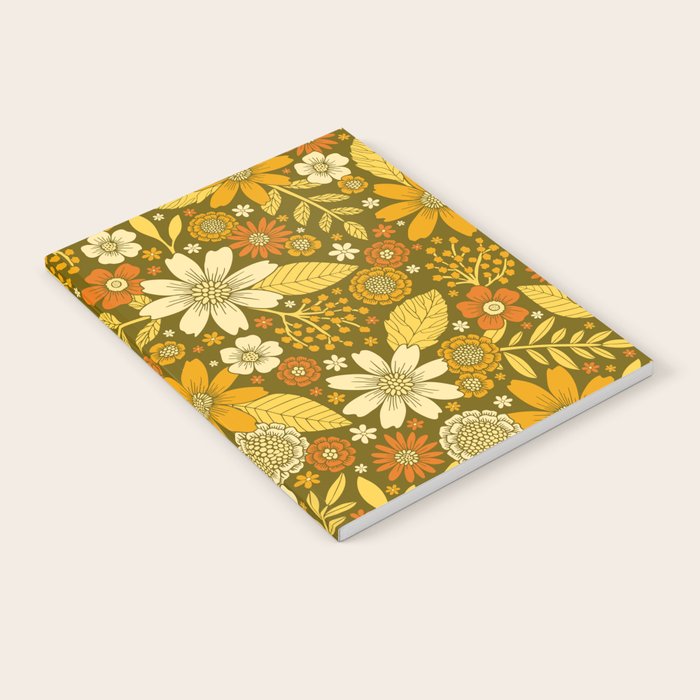 1970s Retro Flowers Pattern in Yellow, Orange & Olive Green Notebook ...