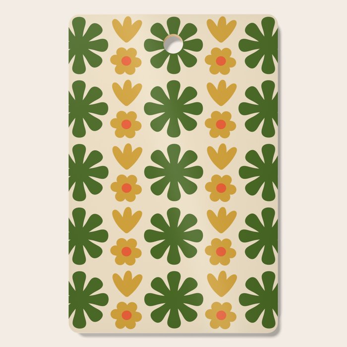 Scandi Floral Grid Retro Pattern Cream Orange Green Ochre Cutting Boar ...