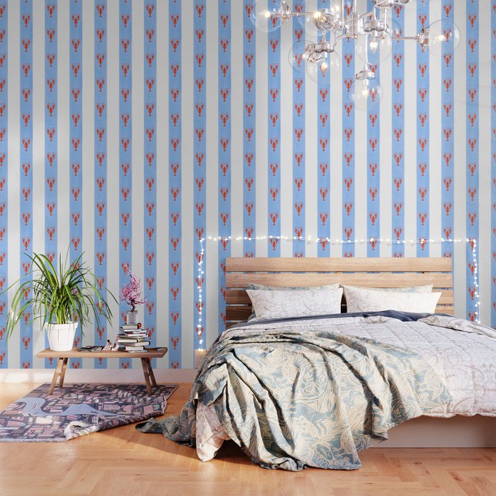 Red Lobsters On Hand-Painted Bright Blue Stripes Wallpaper – Society6