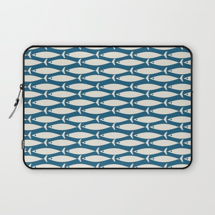 Mid Century Modern Fish Pattern in Teal Blue and Cream Laptop Sleeve ...