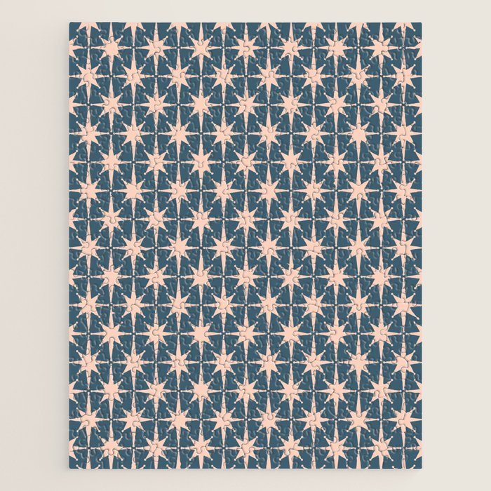 Mid Century Modern Atomic Stars Pattern in Steel Teal Blue and Pale Bl ...