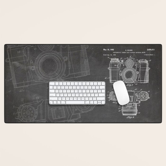 Camera Patent - Photography Art - Black Chalkboard Desk Mat – Society6